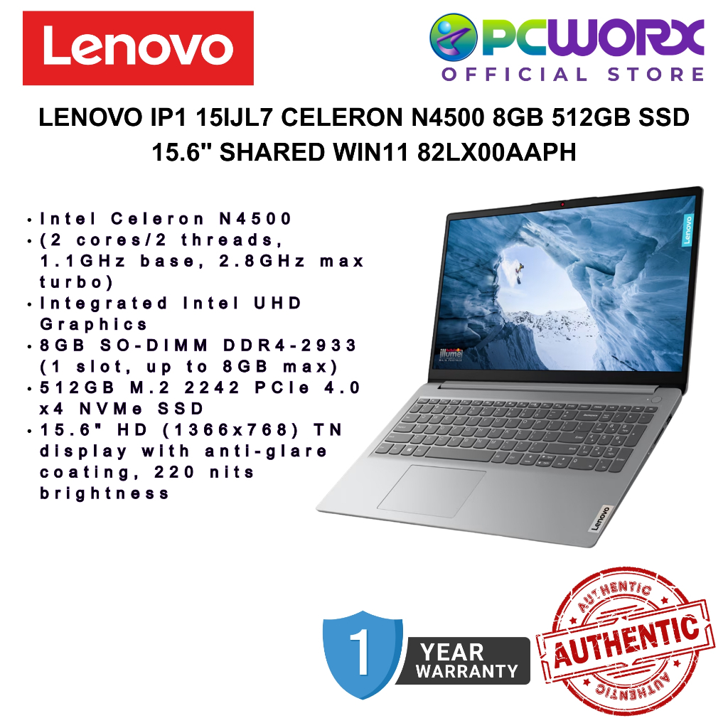 LENOVO IP1 15IJL7 CELERON N4500 8GB 512GB SSD 15.6" SHARED WIN11 ...