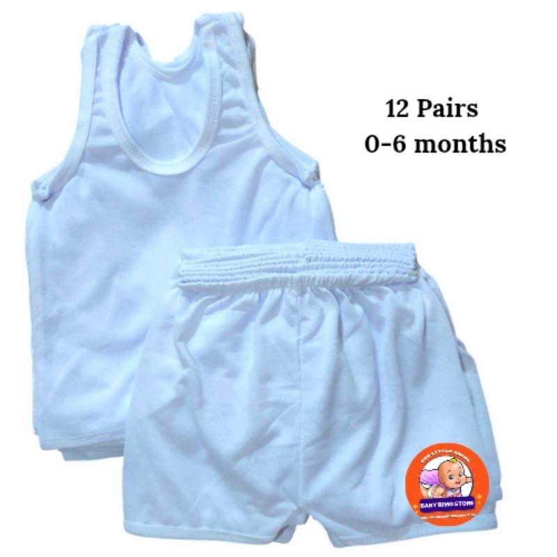 12 Pairs Infant Plain White Terno Sando & Shorts for Baby Boy (0-6 ...