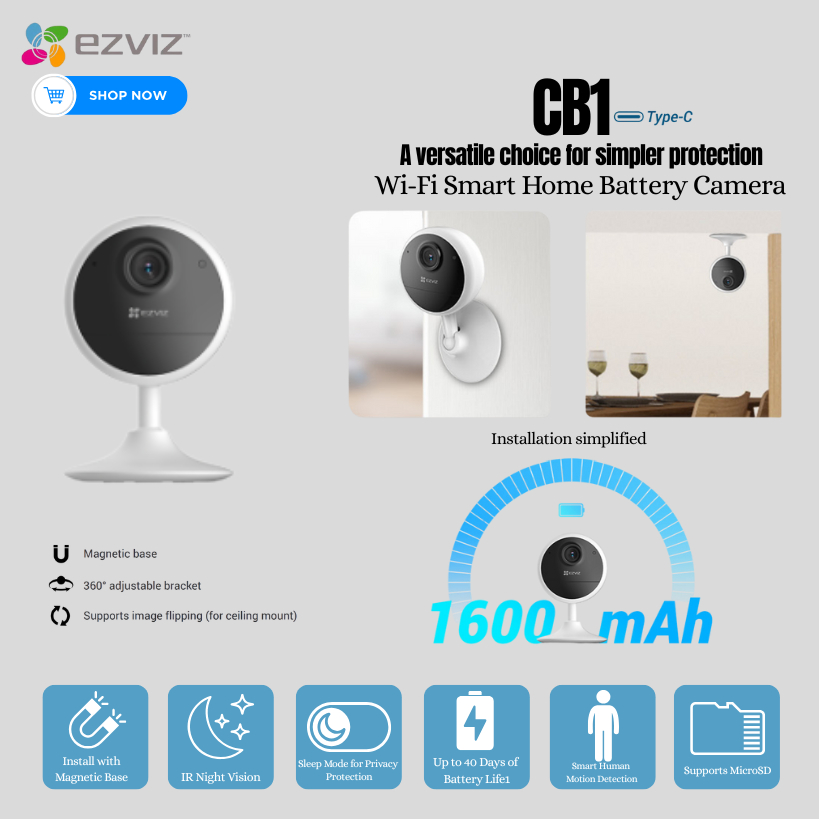 CCTV Camera EZVIZ Indoor Wi-Fi Smart Home Battery Adjustable Magnetic ...