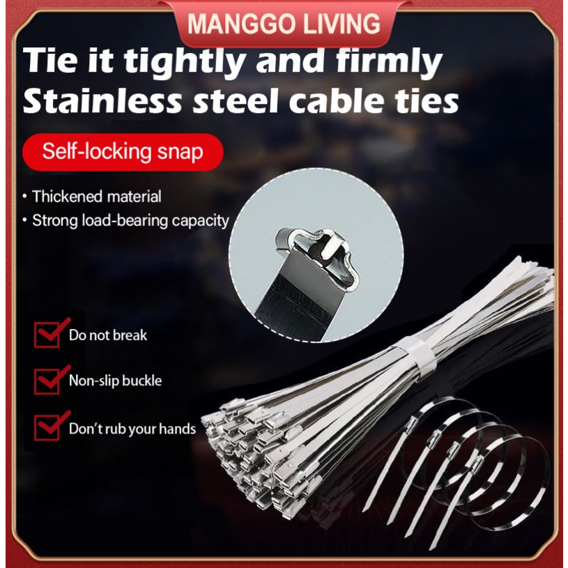 100Pcs Stainless Steel Cable Ties Self-locking Fastening Rings 4.6mm Heavy Duty Metal Zip Tie ...