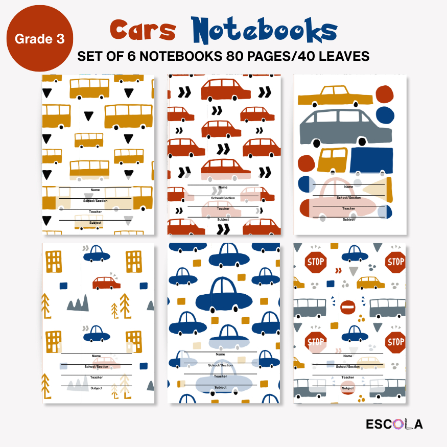 Set of 6 Grade 3 Writing Notebooks, Cars Design, Standard A5, 40 Leaves ...