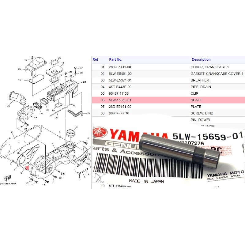 SHAFT, CRANKCASE MIO AMORE SPORTY SOUL CARB 5LW-15659-01 YAMAHA GENUINE ...