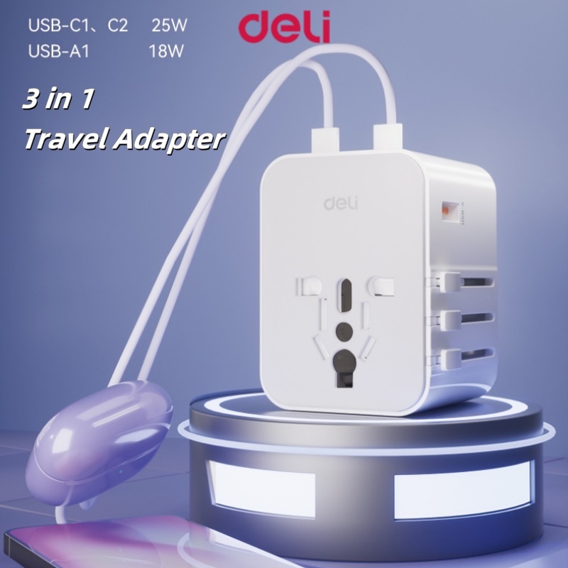 Deli 3in1 Travel Adapter Universal Plug Multi-Country Travel Converter ...