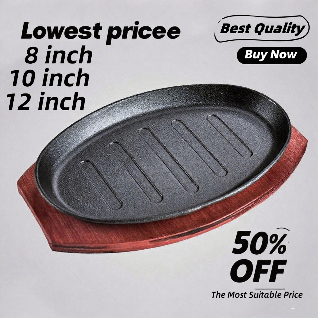 8/10/12 Inch Oval Sizzling Plate With Wooden Base Sisig Plate Cast Iron ...