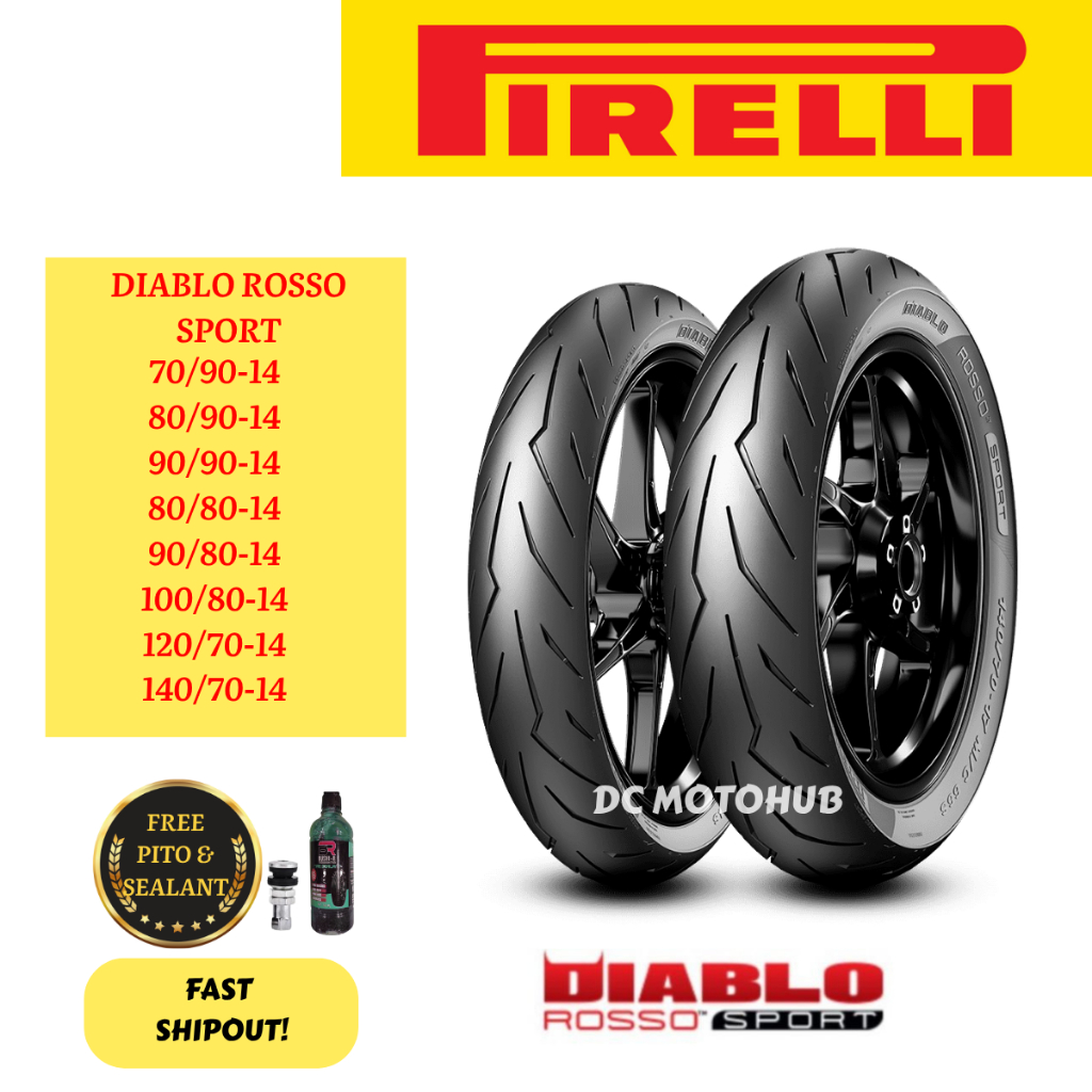 Pirelli Diablo Rosso Sport Tubeless Tire 14s with Free Pito and Sealant ...