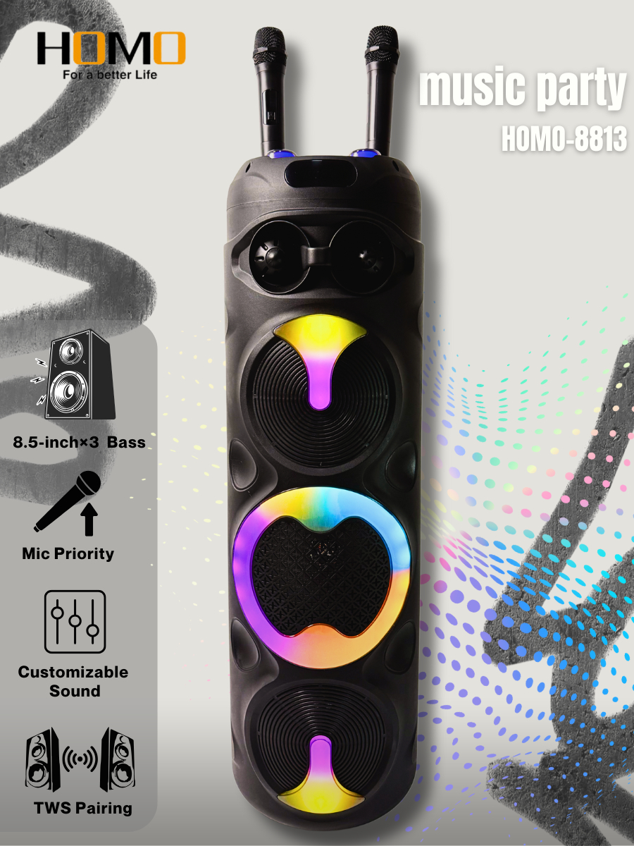 HOMO Triple Bass Party Speaker Dual Mic Vocal Cancel TWS LED Lights HM ...