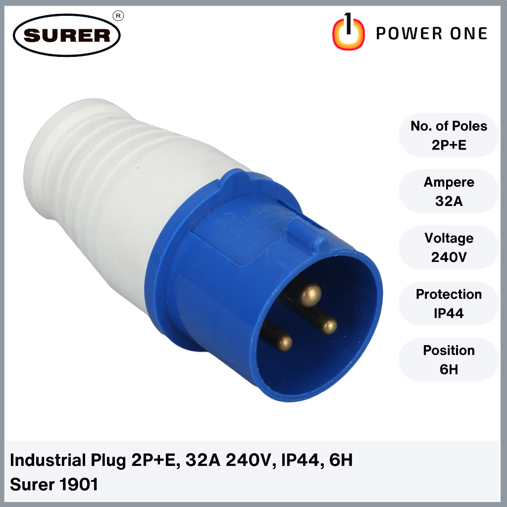 Surer 1901 Industrial Male Plug 2P+E, 32A 240V, IP44, 6H (1900 Series ...