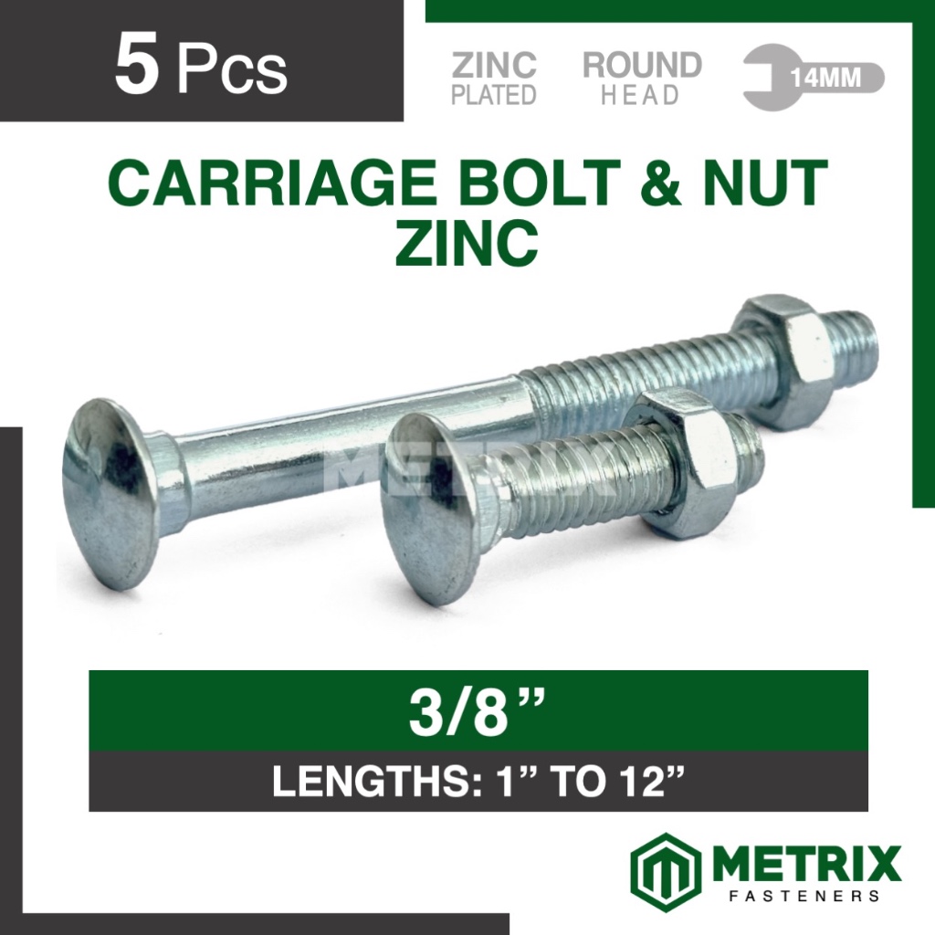 5pc Carriage Bolt & Nut Zinc / GI Round Head Coach Bolt and Nut 3/8" (3 ...