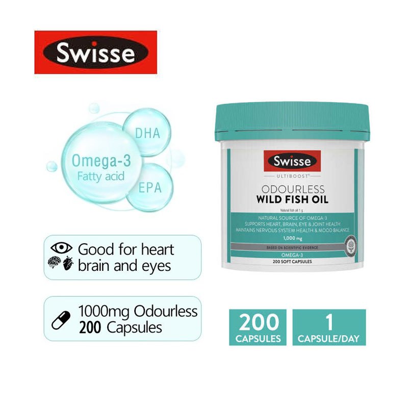 Swisse Ultiboost Odourless Omega-3 Wild Fish Oil 1000mg 200 Capsules ...