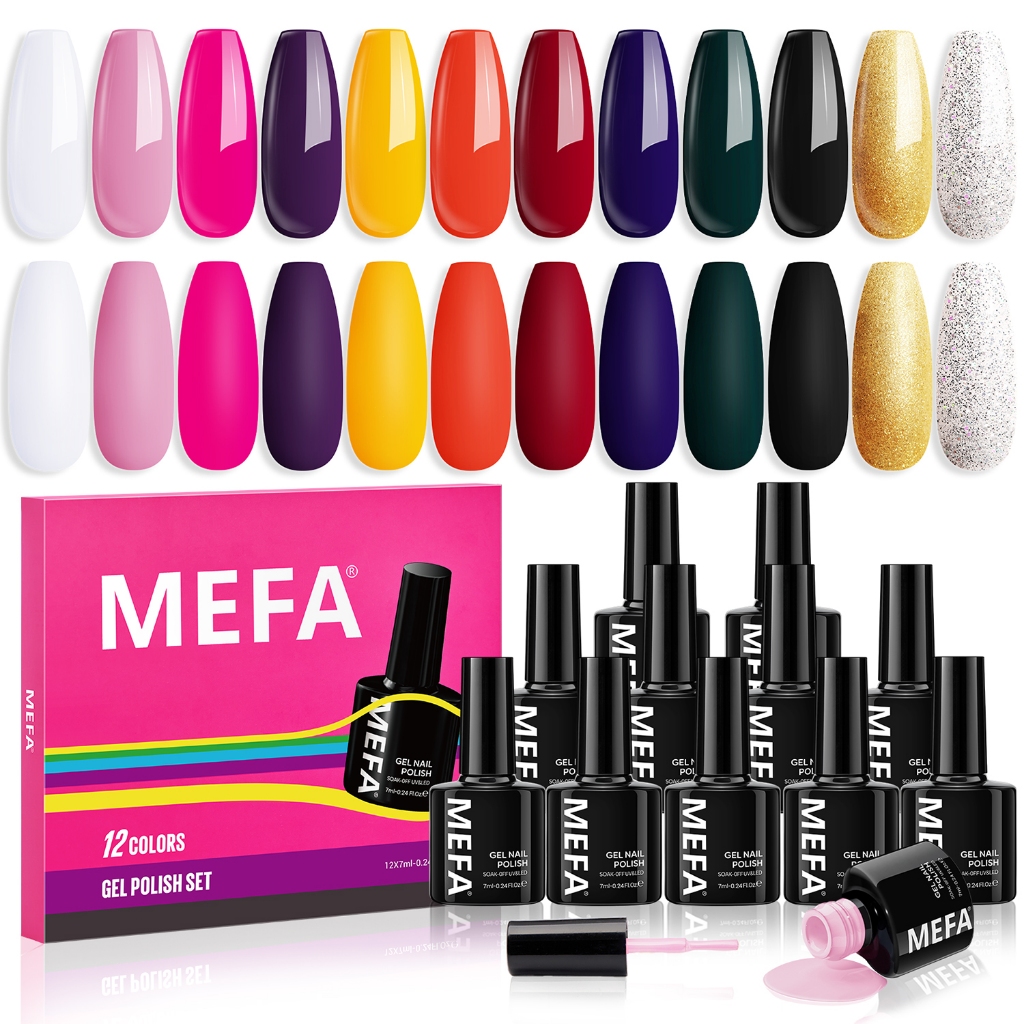 MEFA Gel Nail Polish Set 12 Colors Black Glitter White Pink Blue Yellow ...