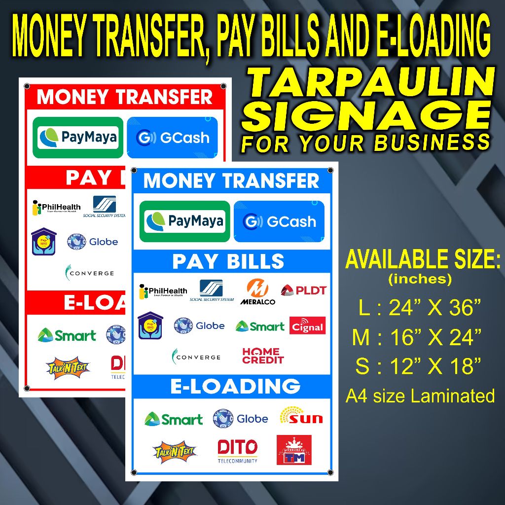 PAYBILLS, PAYMAYA, GCASH, E-LOADING TARPAULIN SIGNAGE | Shopee Philippines