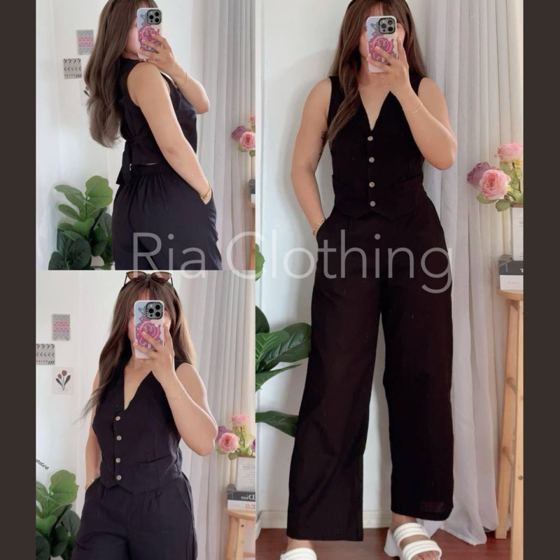 Kylie Vest Terno Coords High Waist Pants Button Down Top Trendy Korean ...