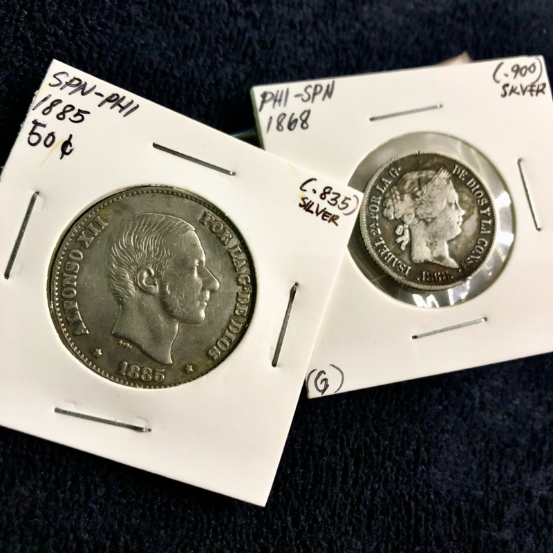 1885 spn/phi Fifty Cent Alfonso 12 X 1868 spn/phi Twenty Cent Isabel (F ...