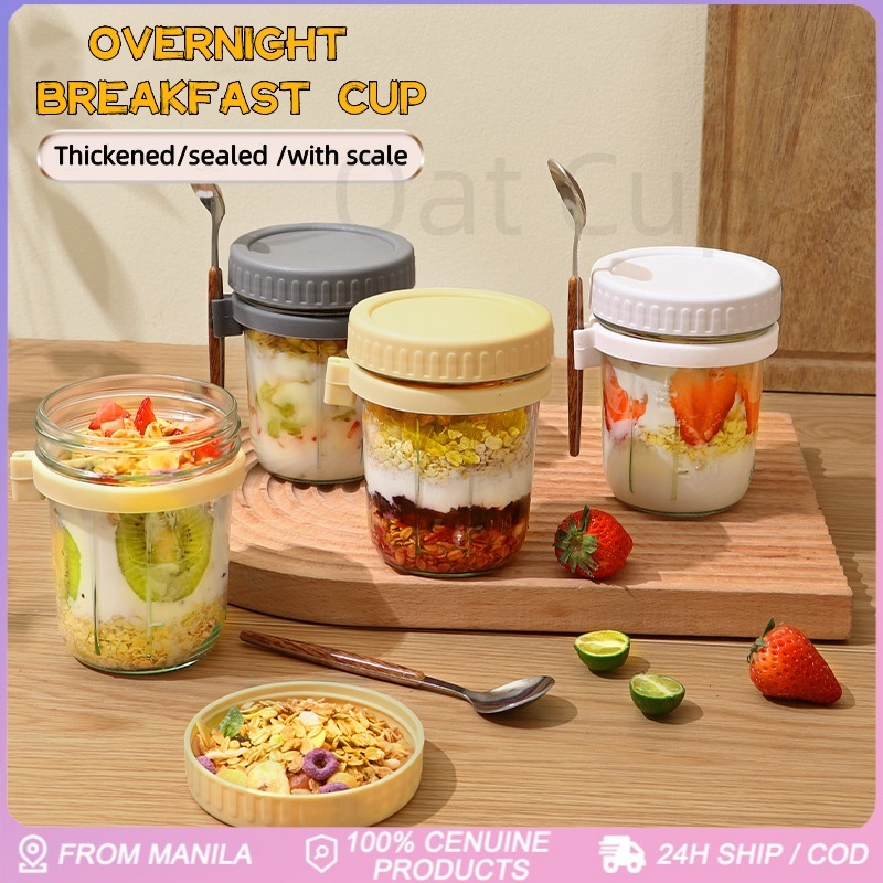Thicken glass 350ml Overnight Oats Jars With Spoon Airtight Oatmeal Cup Container Breakfast Cup ...