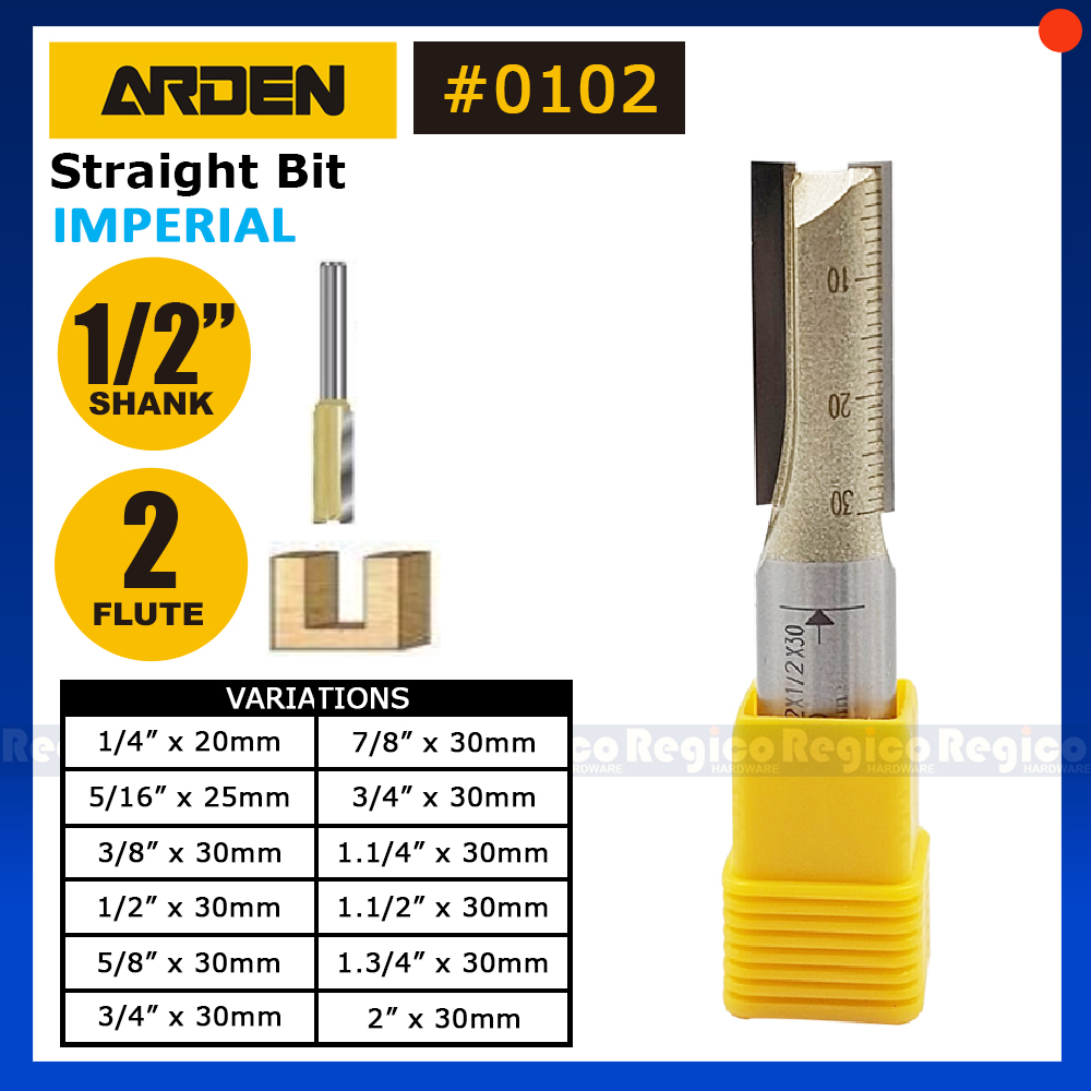 ARDEN 2 Flute Imperial 1/2 Shank Straight Router Bit #0102 Regico ...