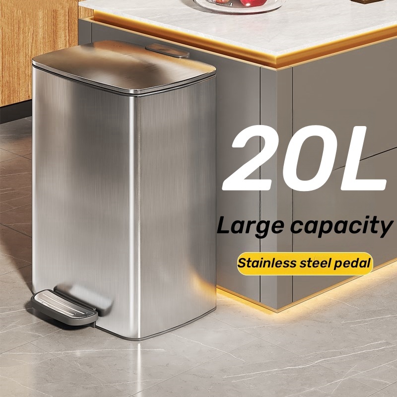 20L Stainless square trash Bin with cover for room garbage can with ...