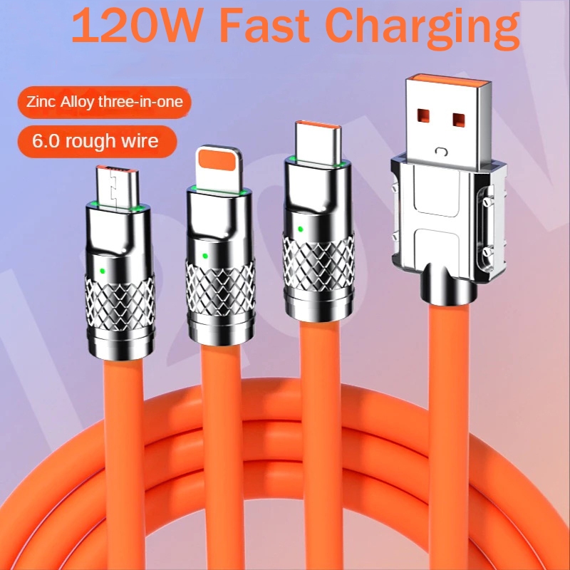 3in1 USB A to USB C 120W Fast Charging Cable Liquid Silicone 8Pin Zinc Alloy Data Cable | Shopee ...