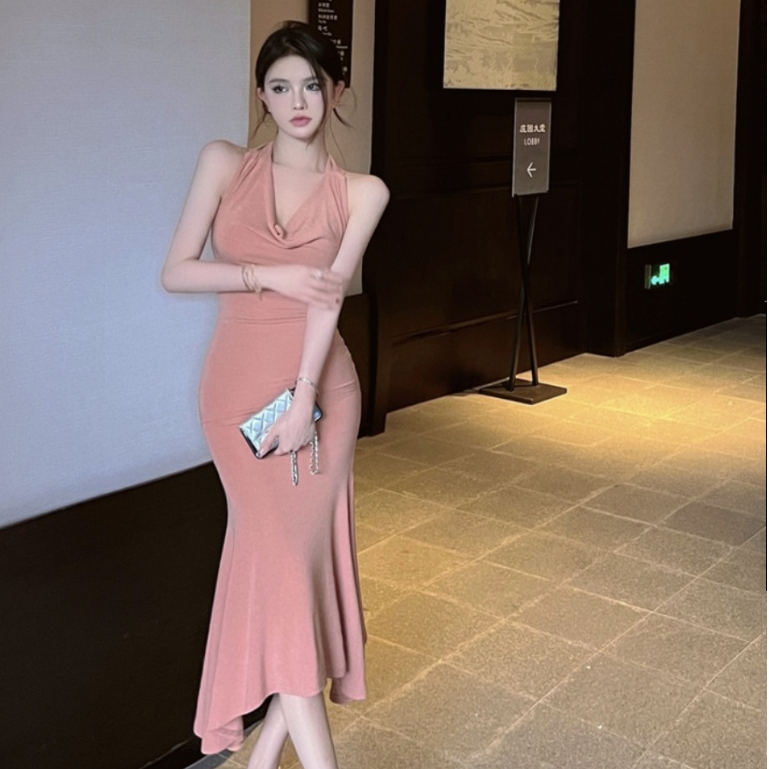 pastel pink sexy fashion casual women elegant backless halter fitted ...