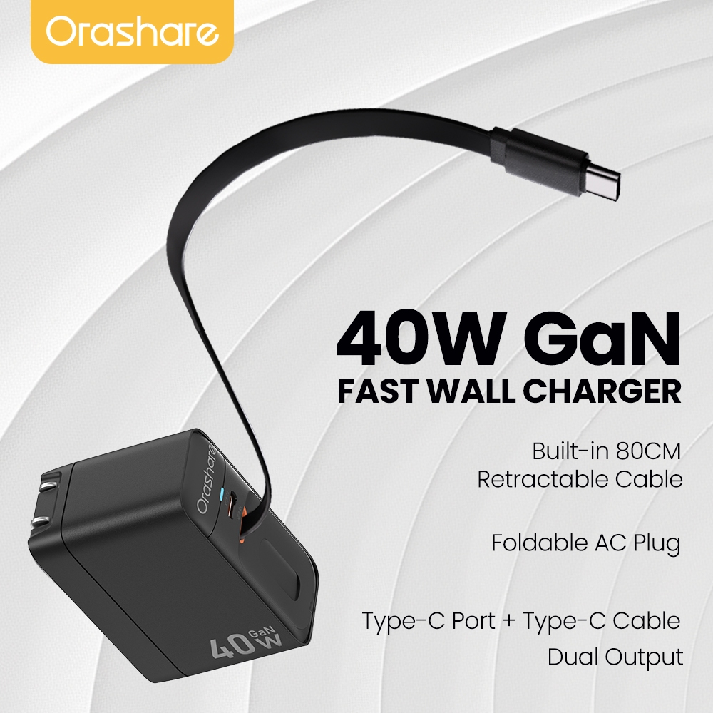 Orashare CR40 40W GaN Fast Wall Charger With Built-in Retractable Cable ...