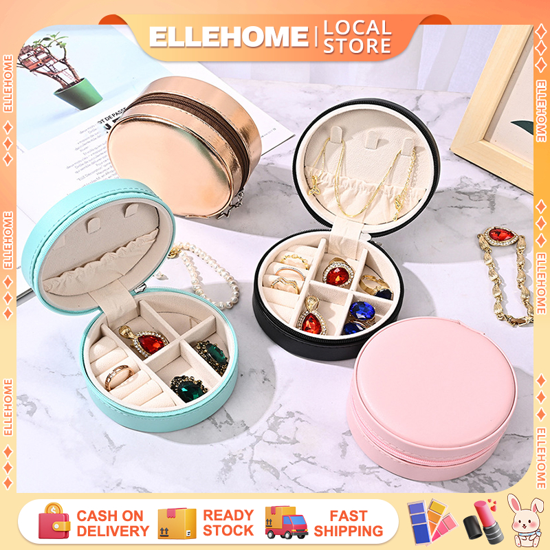 Jewelry Storage Box Portable Round Leather Zipper Earrings Necklaces ...