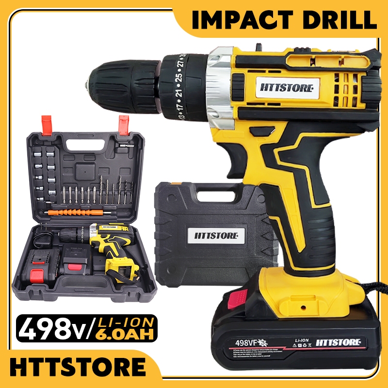 HTT Cordless Hammer Drill Driver Impact Drill Hand Drill With Free Two ...