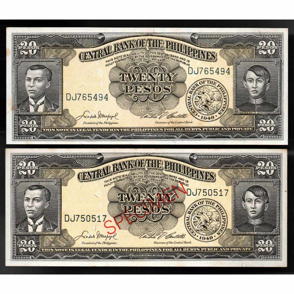 1949 Philippines 20 Pesos English Series SPECIMEN Macapagal + Castillo ...