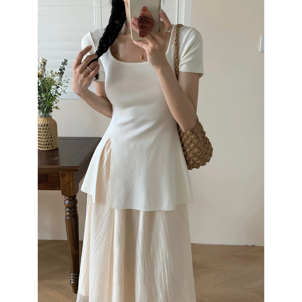 Urban Sister Square Neck Side Slit Solid Knitted Top M1404 | Shopee ...