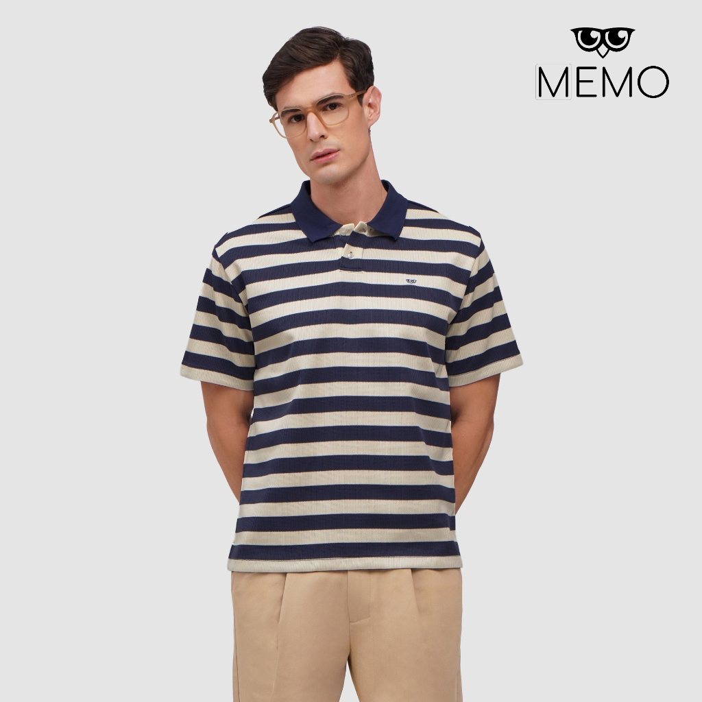 Memo Regular Fit Rib Knit Striped Polo For Men (Marine Blue/Olive/Taupe ...