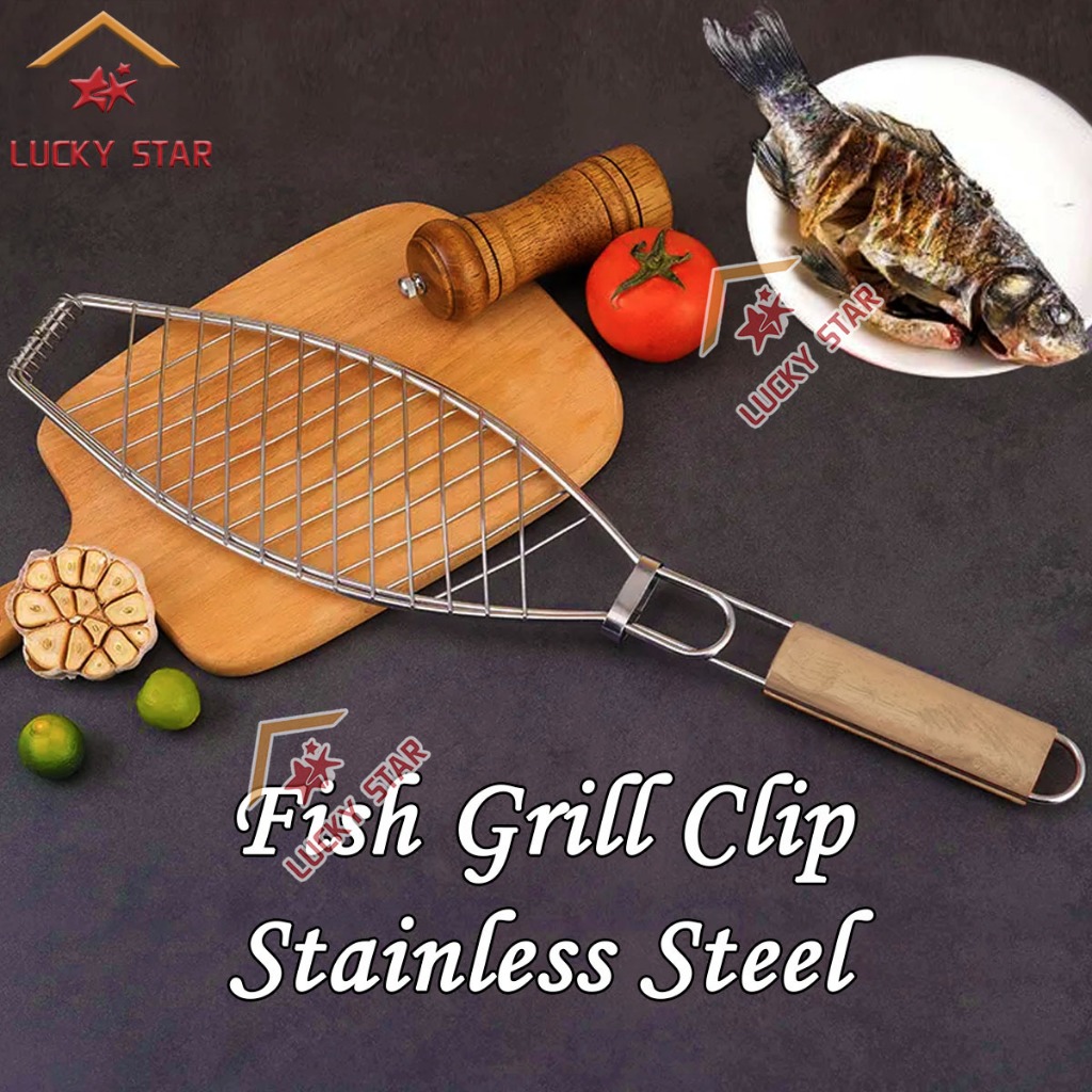 BBQ Fish Griller Grill Mesh Stainless Steel With Wood Handle Barbecue ...