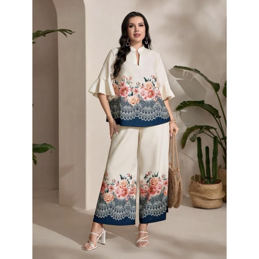 A3414 Uyua Collar Neck Ruffle Sleeve Top & Wide Leg Pants Floral Plus ...
