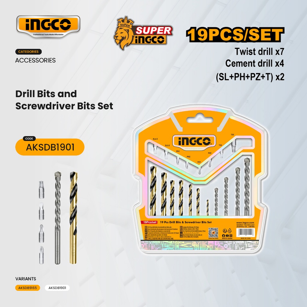 INGCO AKSDB1901 19pcs Drill Bits Screwdriver Mix Bit Set Metal Masonry ...