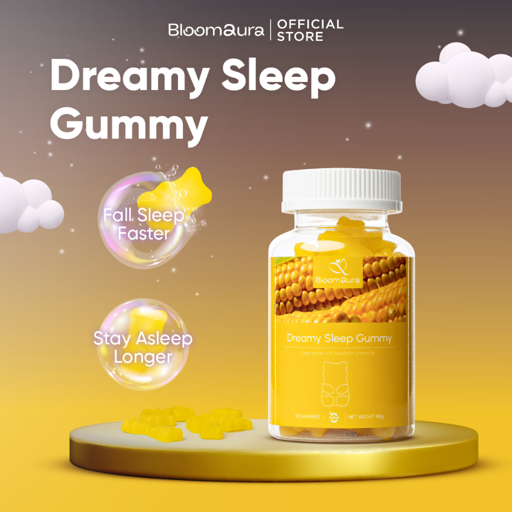 BloomAura Dreamy Sleep Gummy 60 Pieces, 3mg Melatonion and Vitamin B6, Occasional Sleep Support ...