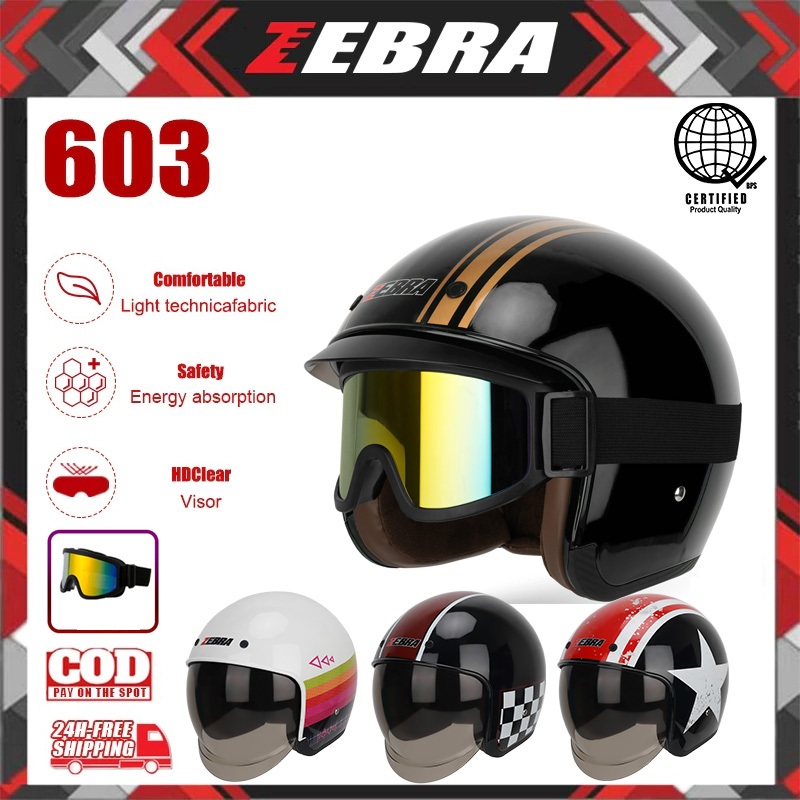 ZEBRA 603 Classic Helmet Half Face Helmet With Goggle For Men Retro ...