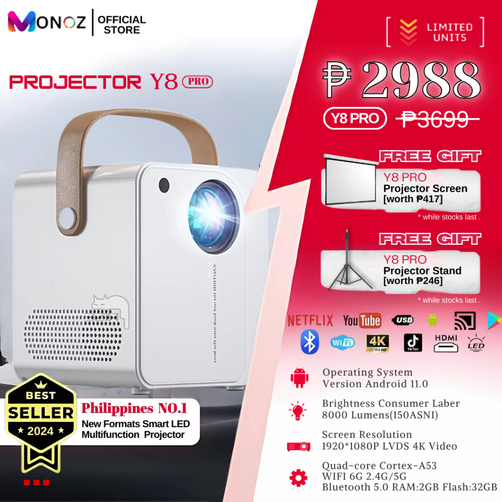 Monoz Portable Smart Projector Y8 Pro 4K UHD 8000Lumens Android For ...
