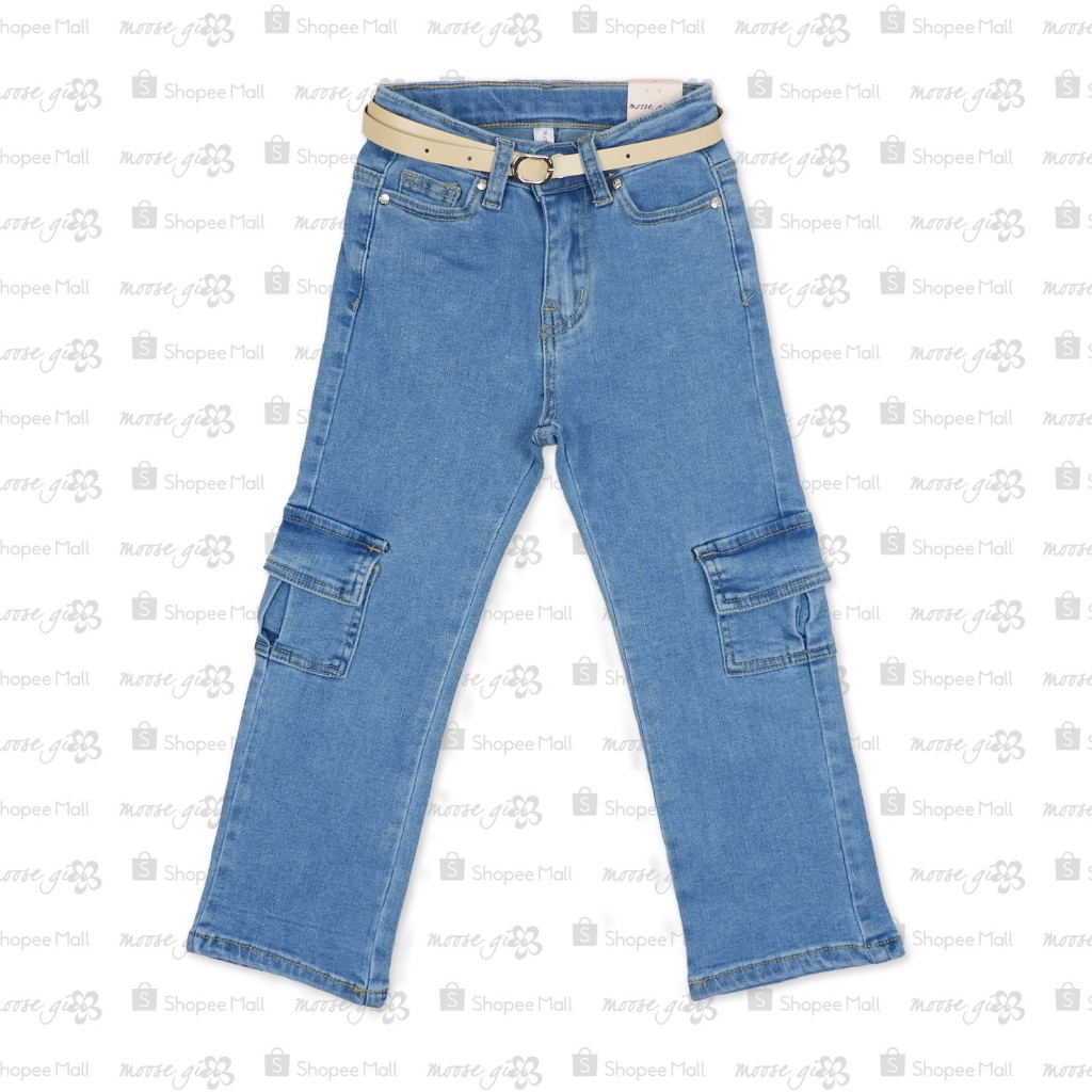 Moose Girl Mid Blue Cargo Denim Pants With Beige Belt (GDLP- 5019 ...