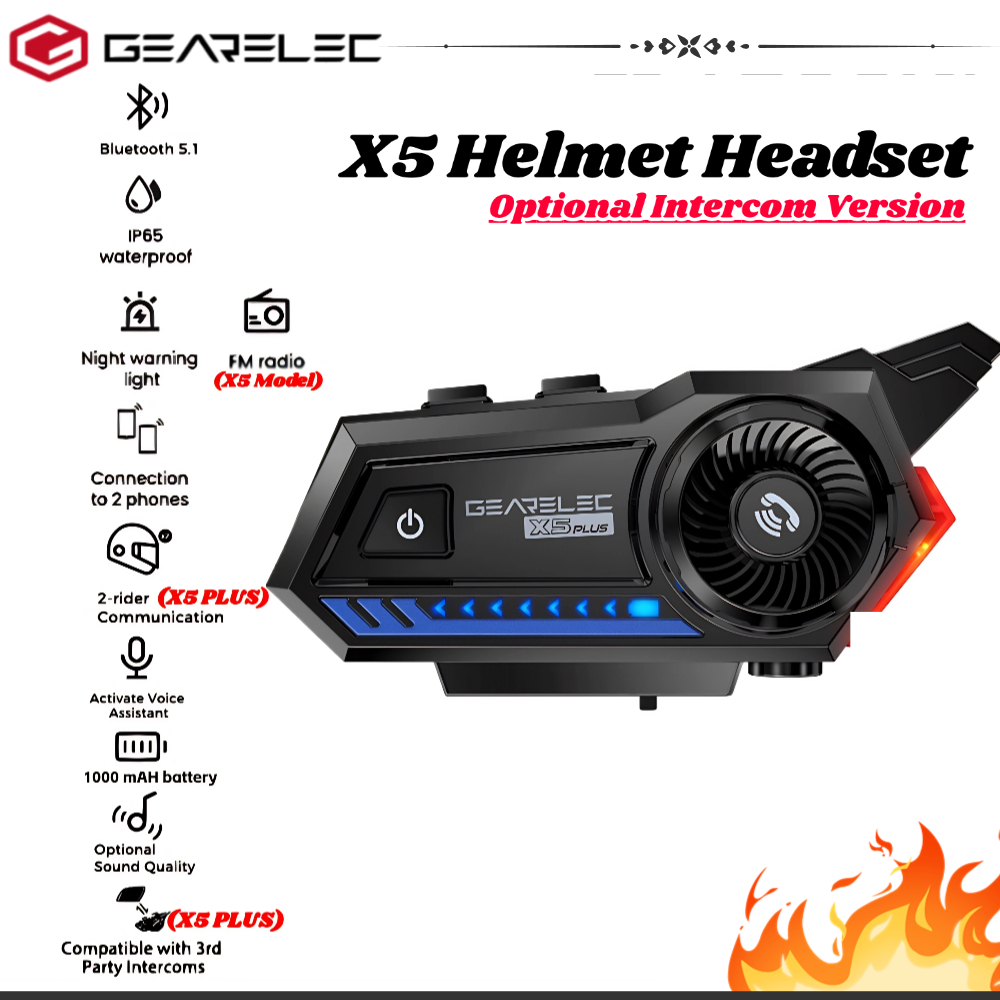 GEARELEC X5 Bluetooth Motorcycle Helmet Headset Optional 500M Intercom ...