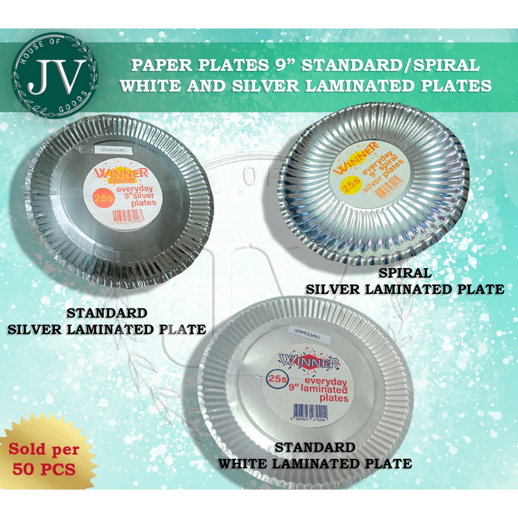 50pcs Paper Plates 9" Standard/Spiral Silver & White Laminated 200gsm ...