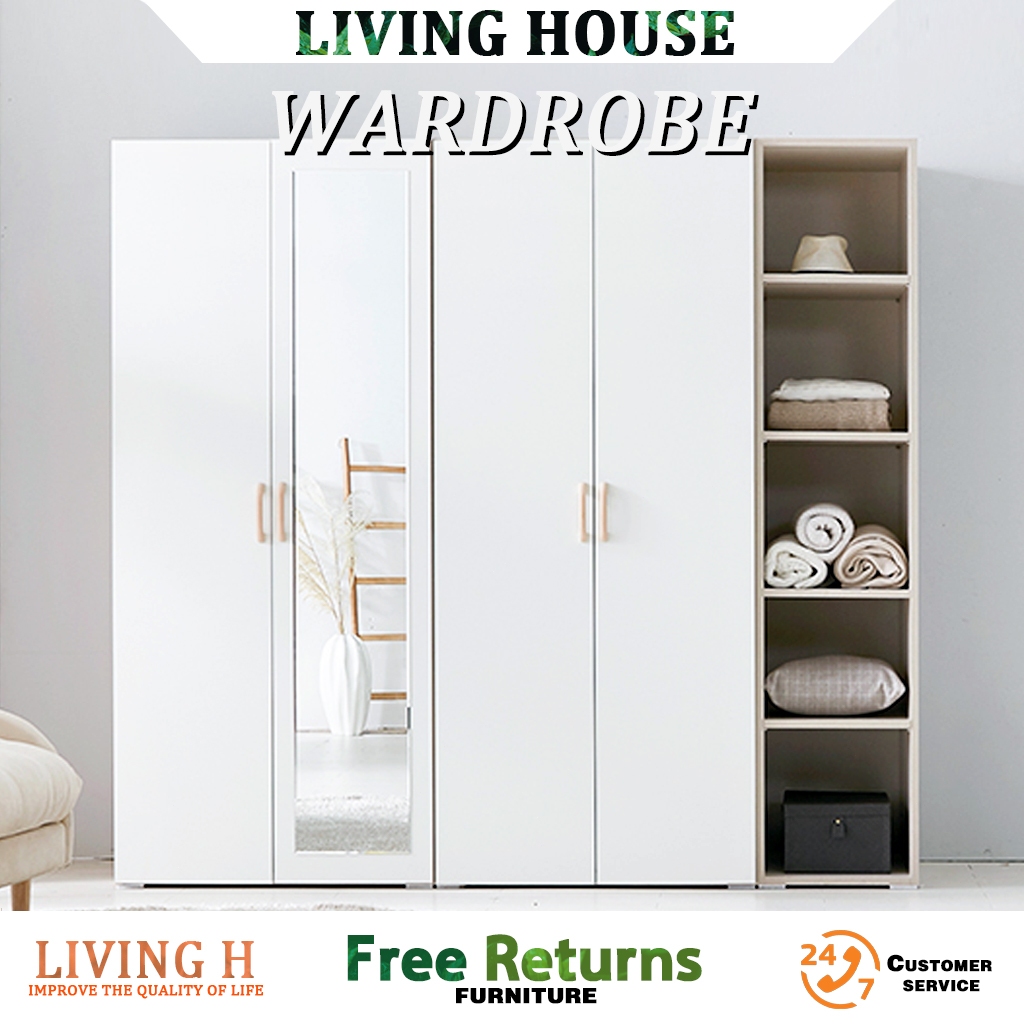 LIVING Wooden 5 Door Wardrobe With Mirror Clothes Storage Wardrobe For ...