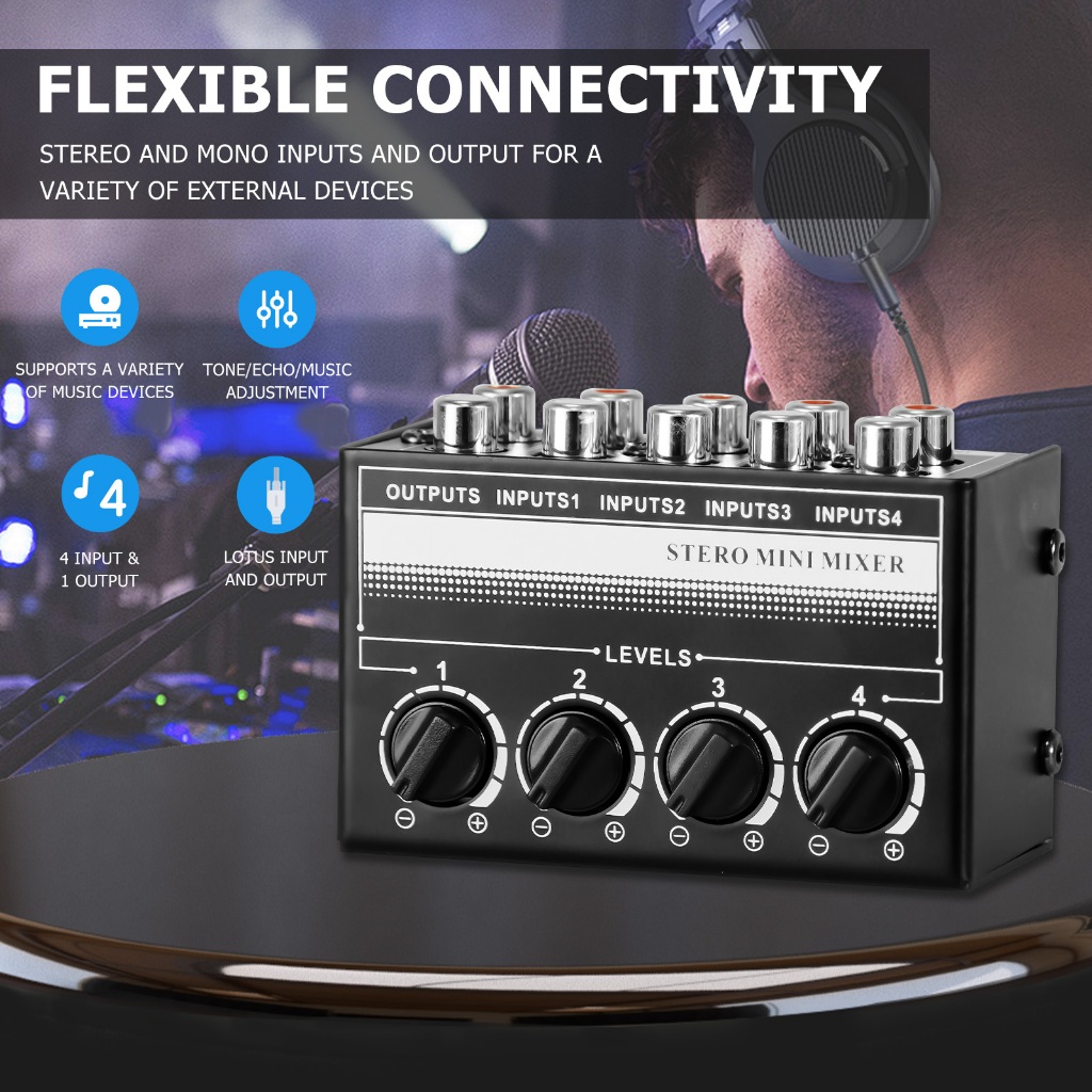 Mini Audio Mixer Stereo / Mono 4 Channel 1/4 Inch TSR/TS Audio Input ...