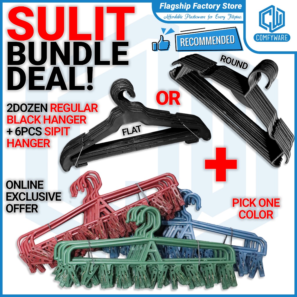 24PCS Black Standard Adult Hanger Flat / Round + 6PCS Sipit Hanger 10 ...