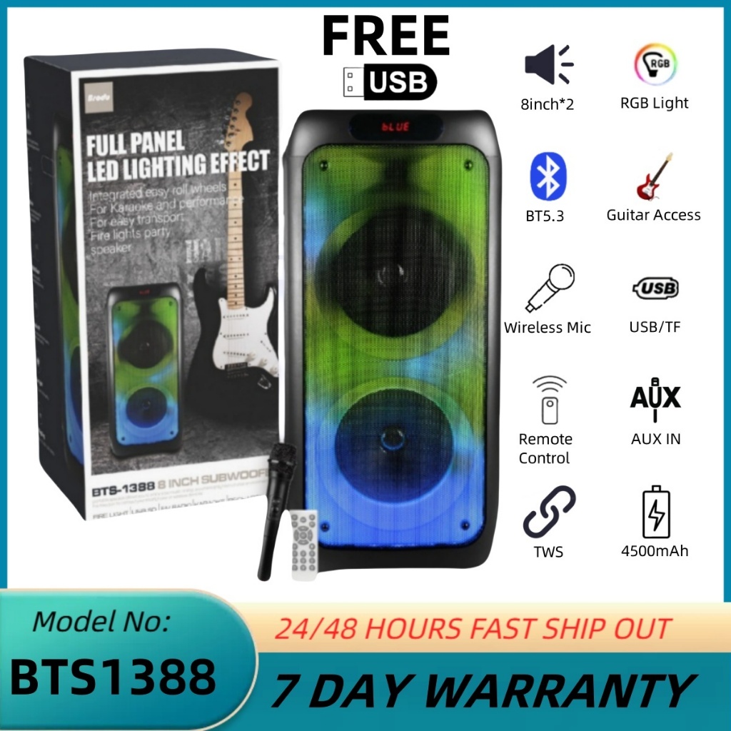FREE USB BTS 1388 Wireless Dual Subwoofer Bluetooth Speaker With ...