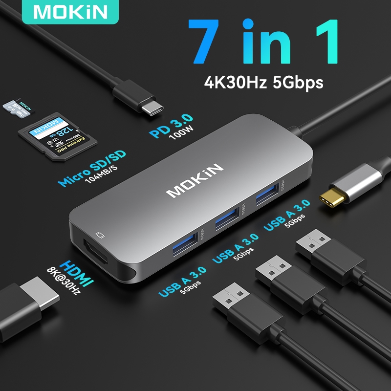 USB Hub Type C 7 in 1 8K 30Hz USB Extension Hub USB C 5Gbps HDMI USB 3. ...