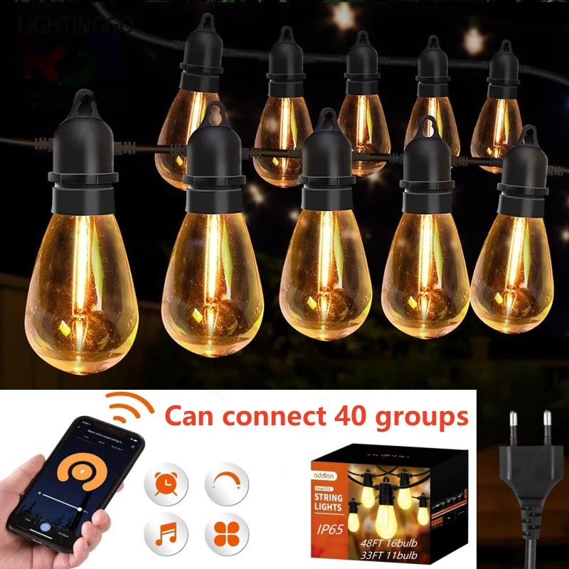 Smart 15M String Light Outdoor Weatherproof Patio String Lights Garland ...