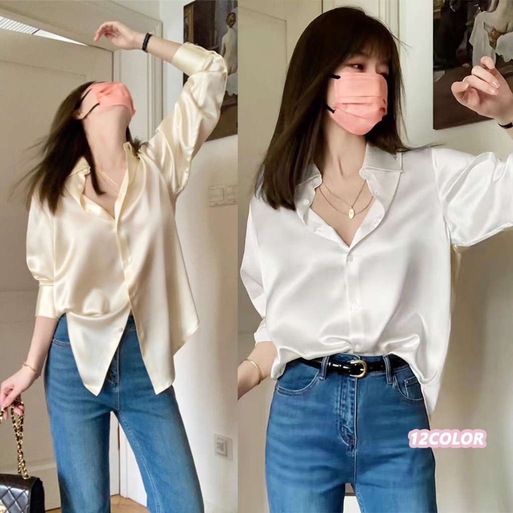 SmartCheckout Women's Silk Commuter Shirt Satin Women's Long Sleeve Loose Tops Casual Plus Size ...