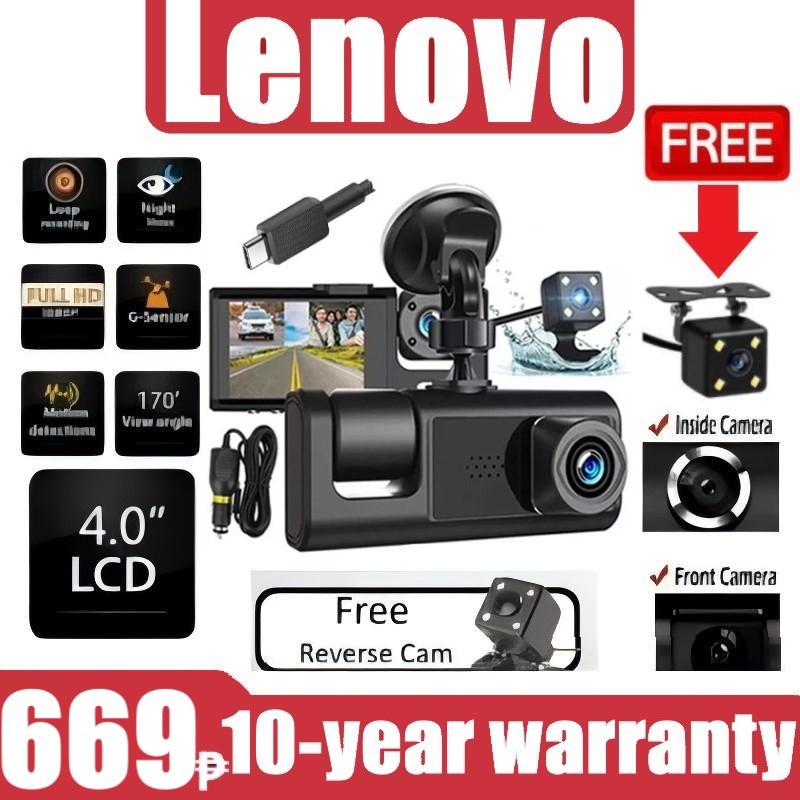 Lenovo Dash Cam For Car Front And Back With Night Vision Three Lens Fhd ...