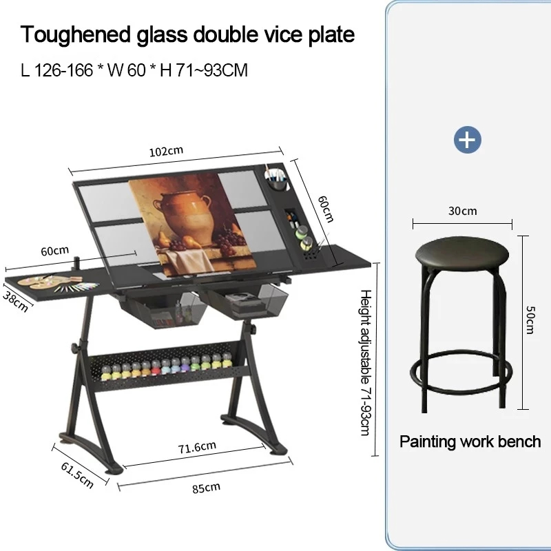 Drafting Glass Table Height Adjustable Drawing Table Extra Side Drawers ...