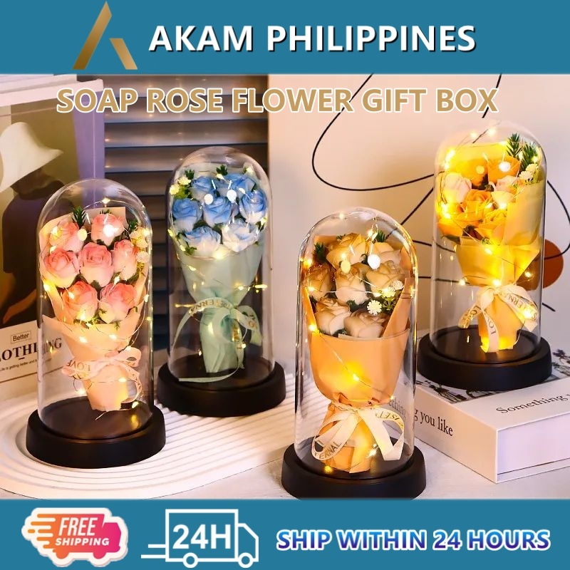 LED Light Rose in Glass Dome on Wooden Base Artificial Flower Lamp ...