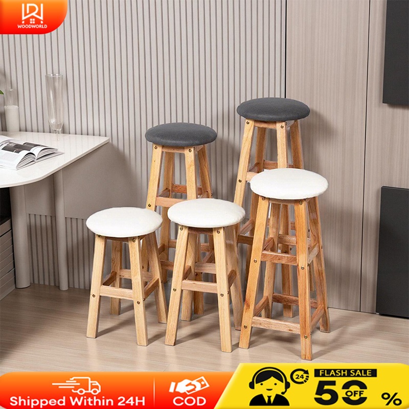Solid Wood Bar Stool Chair Tea Stool High Round Dining Chair Front Desk ...