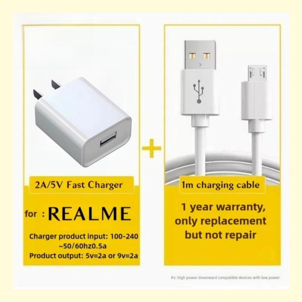 2IN1 Original Fast Charger Realme 2A Micro USB/Type-C Cable Adapter Set ...