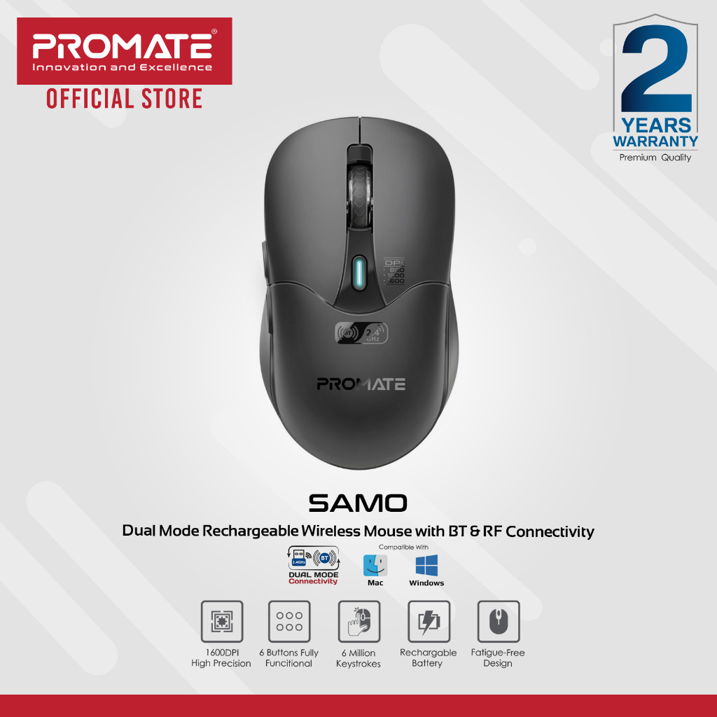Promate Dual Mode Rechargeable Wireless Mouse with BT & 2.4 GHz ...